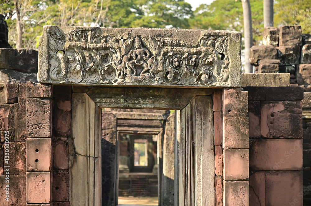 Storytelling paintings on the lintel and pediment on the Main Prasat of ...