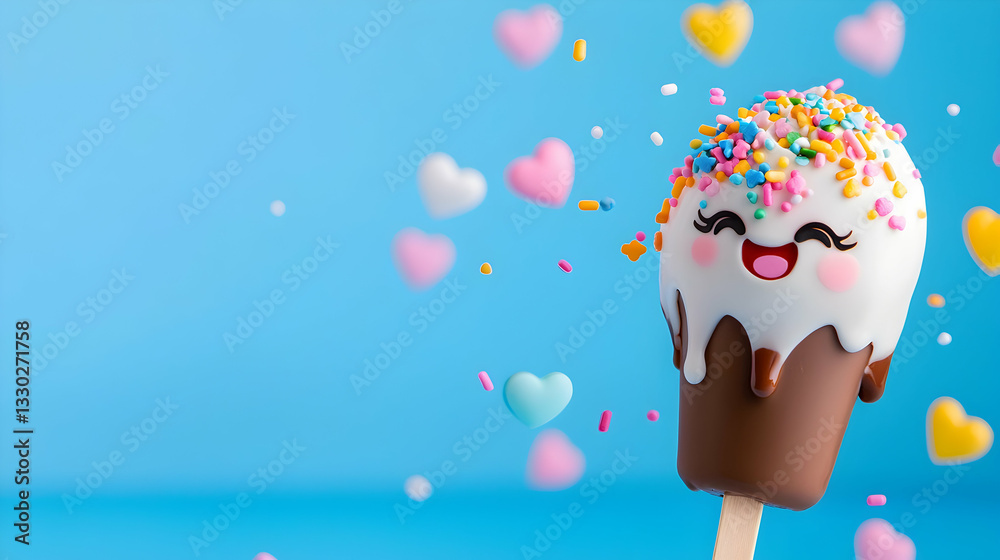 Smiling Chocolate Ice Cream Popsicle with Sprinkles and Hearts on Blue ...