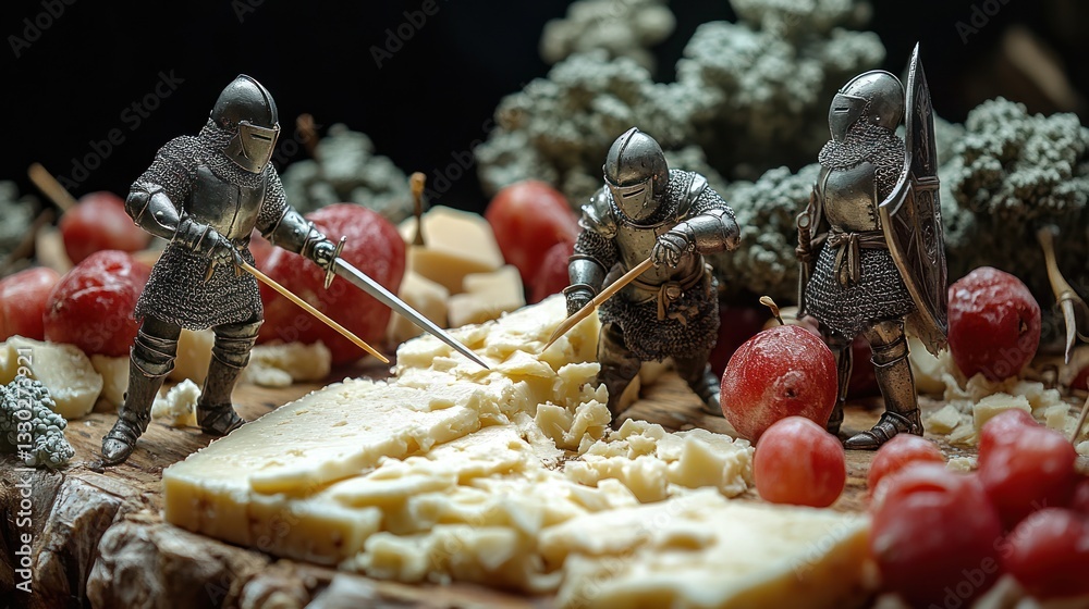Miniature knights battling with toothpicks as swords on a giant cheese ...