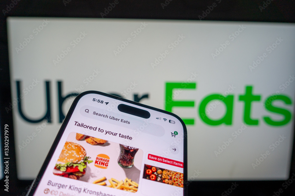 Kiel, SH, Germany - March 13, 2025: A mobile phone showcases the american food delivery app Uber ...