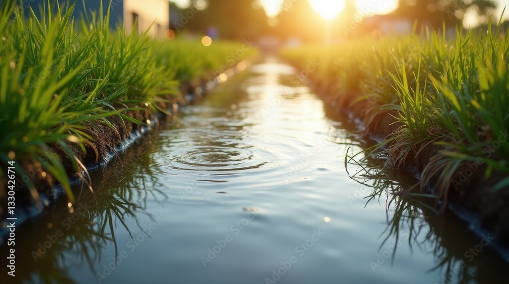 Standing water in a ditch with grass around, bright sunlight for ...