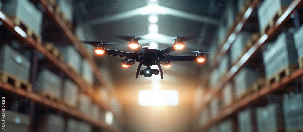 Innovative drones navigate a smart warehouse for advanced logistics and efficient inventory ...