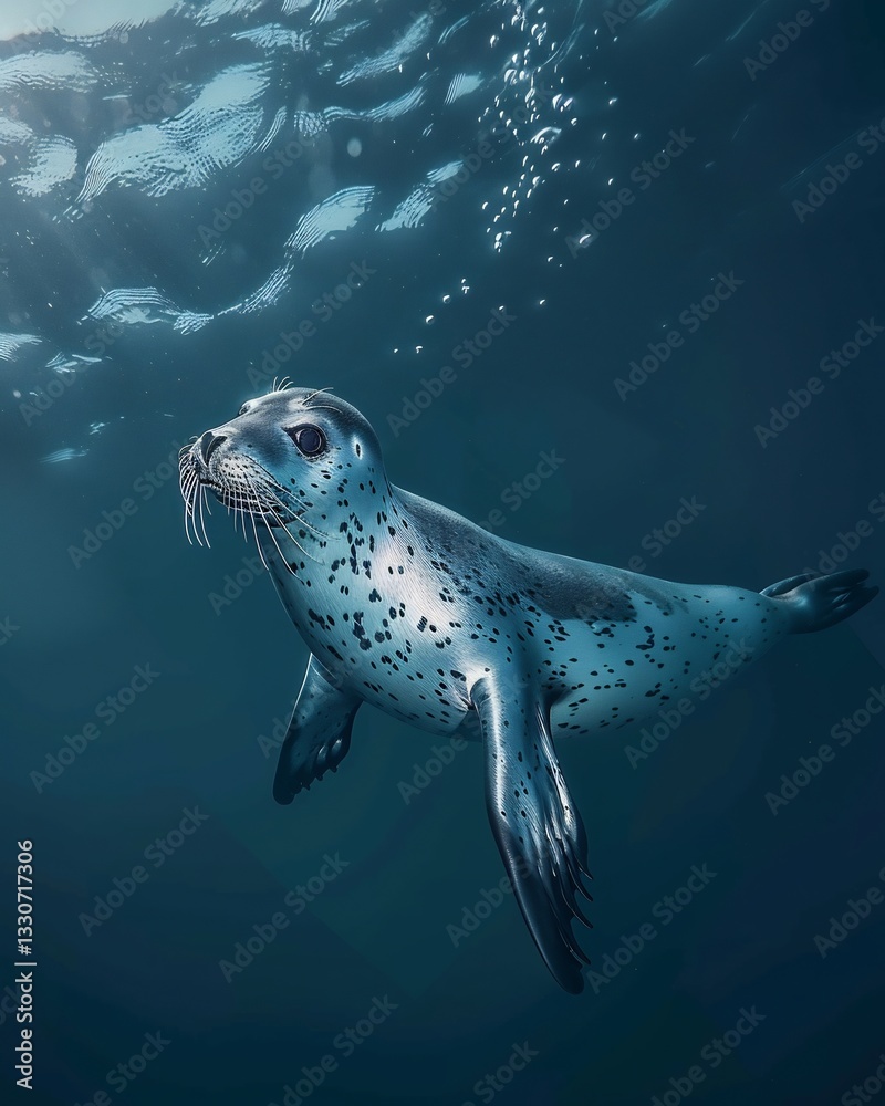 Lone spotted seal glide through deep ocean streamlined body reflecting ...