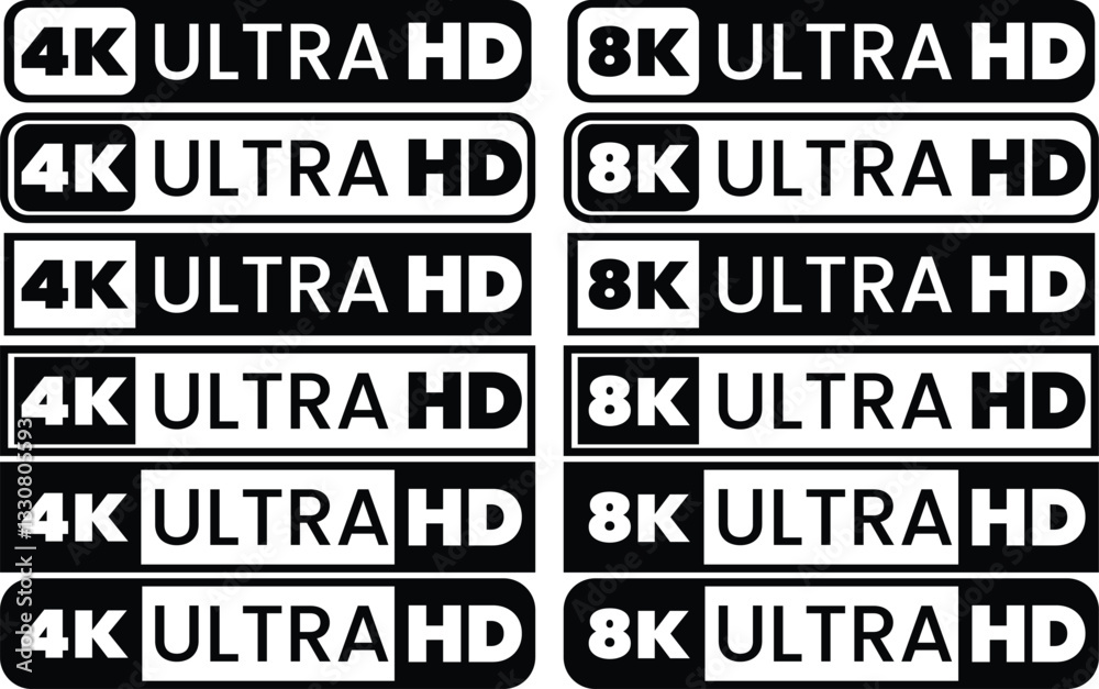 4K and 8K Ultra HD Resolution Label Icons for High-Definition Display ...