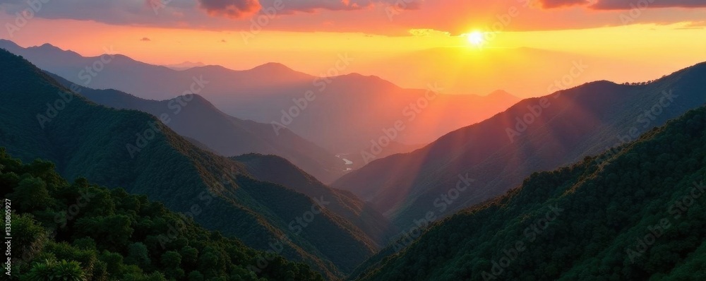Long shadows stretch across Doi Tung's mountain range as the sun sets ...