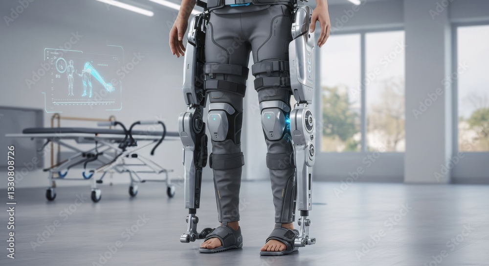 Man wearing robotic exoskeleton in medical facility. Innovative ...