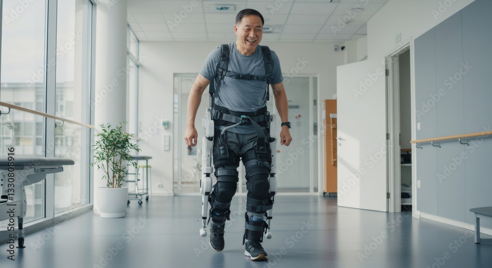 Asian man walking with robotic exoskeleton in hospital corridor ...
