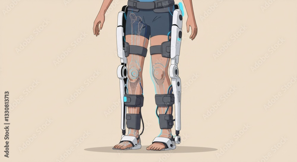 Exoskeleton leg braces on woman for medical rehabilitation. Assistive technology for mobility ...