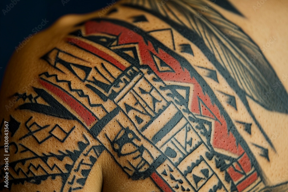 Intricate tribal tattoo design featuring red and black patterns on the ...