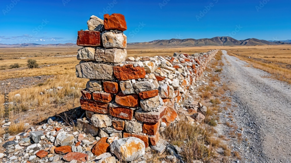 Historic stone wall partially crumbled stretches alongside a rugged ...