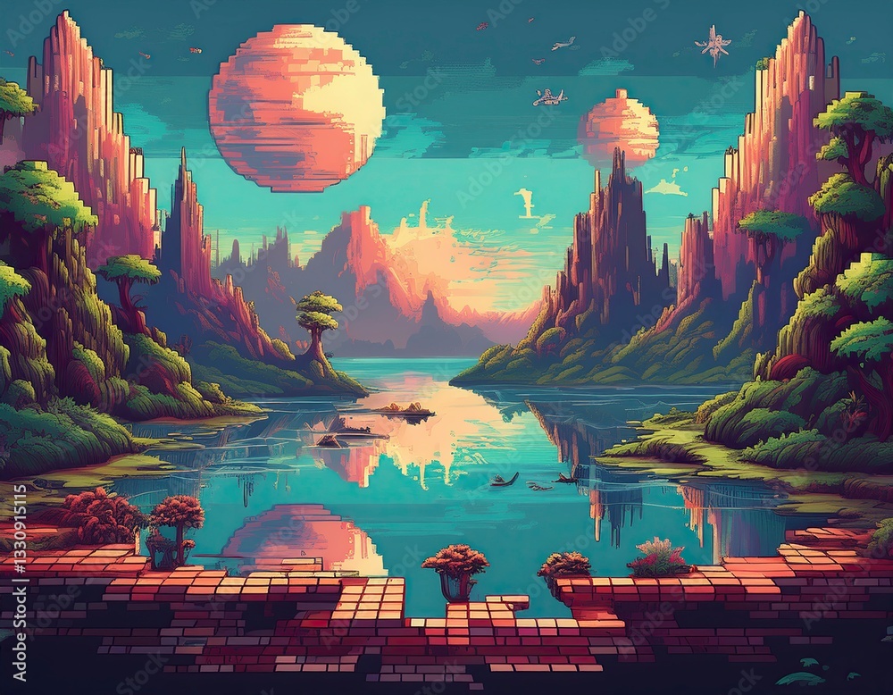 Pixel Art, serene pixel art landscape of a tranquil lake mirroring a ...