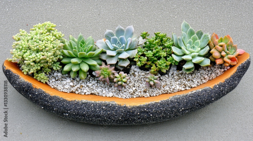 Top-down macro photograph of a modern low-profile planter filled with ...