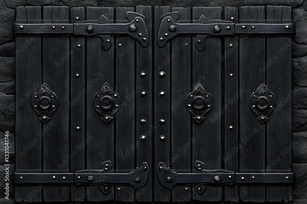 Dark, rustic, medieval-style double wooden doors with ornate black ...