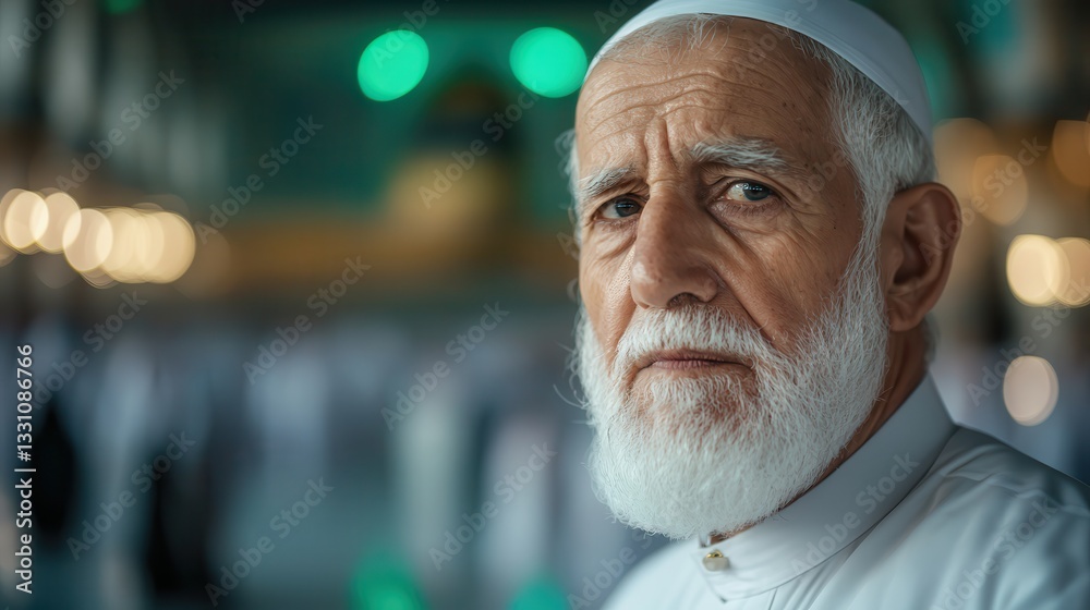 Holy Kaaba Hajj praying devotion. Elderly man with a beard in a serene ...