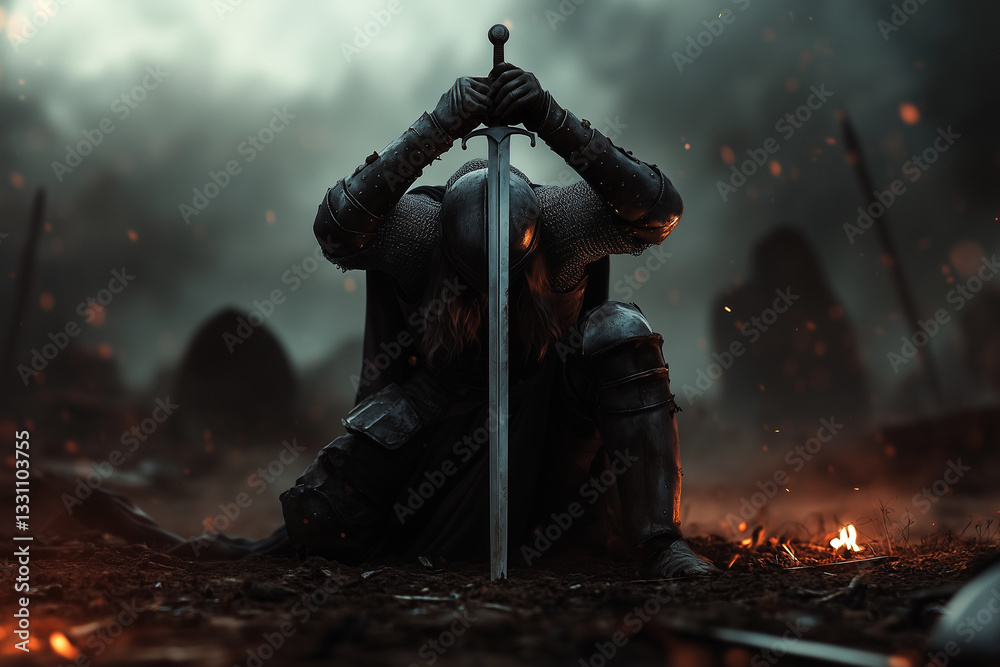 Weary exhausted knight kneeling with head bowed on a sword on a ...