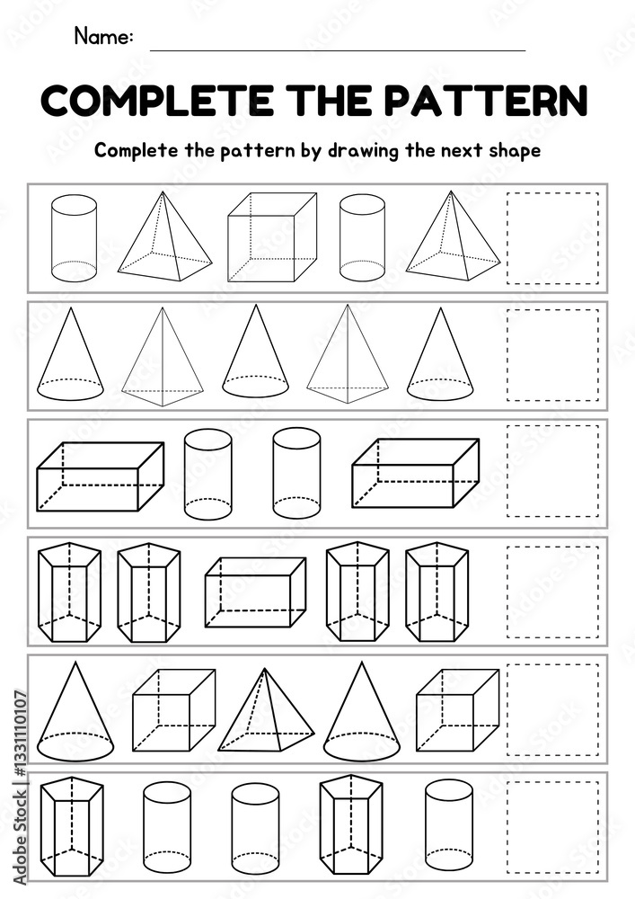 Math 2D and 3D Shape Pattern Sequence worksheet for Toddler, fine motor ...