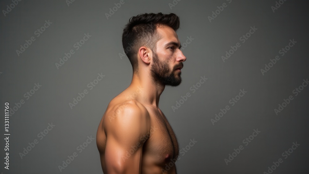 Side profile of a shirtless man with a muscular build and short hair ...