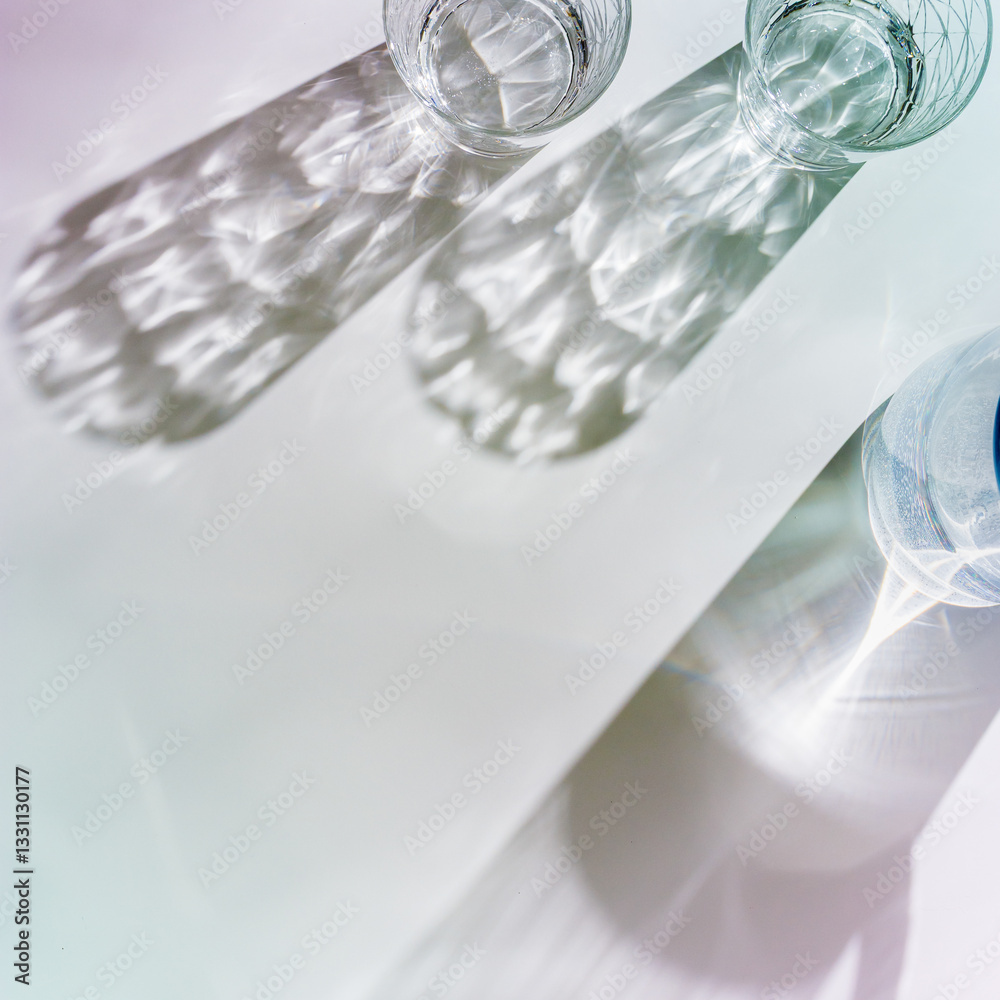 Water Glasses and water jug with Shadows and sunlight Reflection on ...