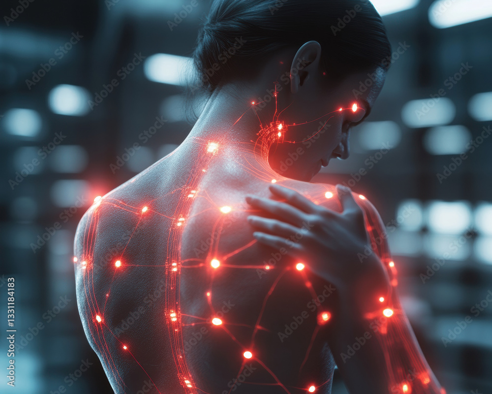 This features faceless figure with glowing red neural connections their ...