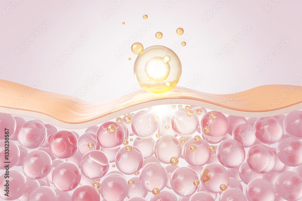 Liquid Bubble Oil with Molecule drop on skin cell.serum through the ...