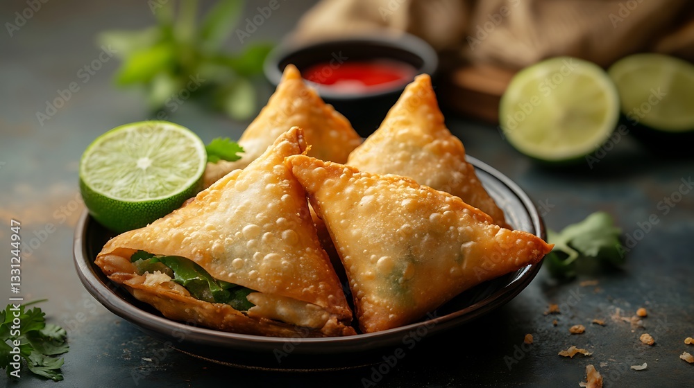Deep fried sambosa cheese samosa triangle wrap with lime and cucumber ...