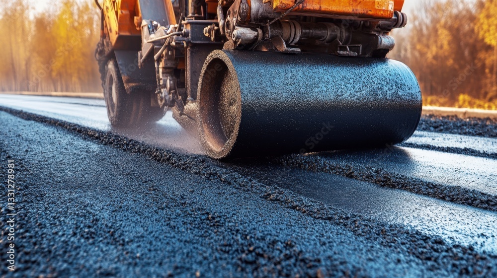 Heavy-duty road roller compacting asphalt for a new highway Stock ...