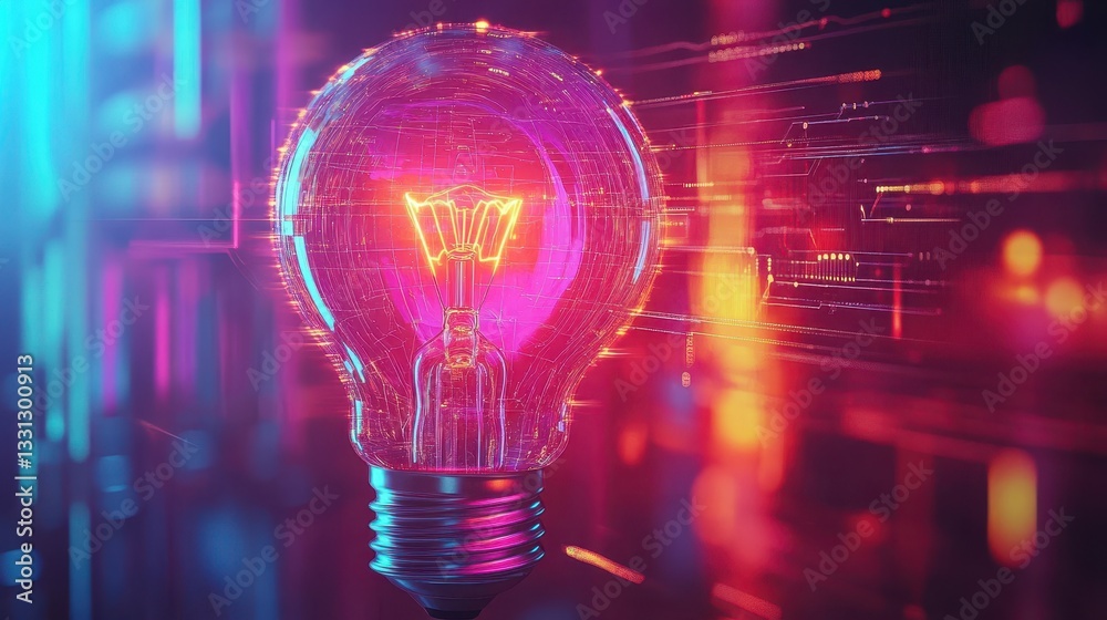 Neon lightbulb with digital lines. Illustrates innovation, technology ...