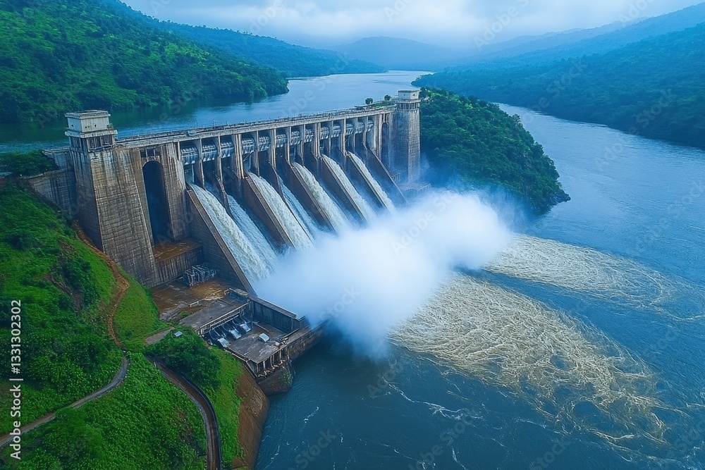 Massive dam releasing water into a river valley. Illustrates ...