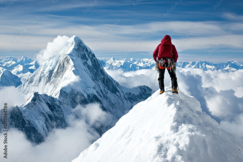 Mountain climber achieving goal at summit majestic mountain range ...