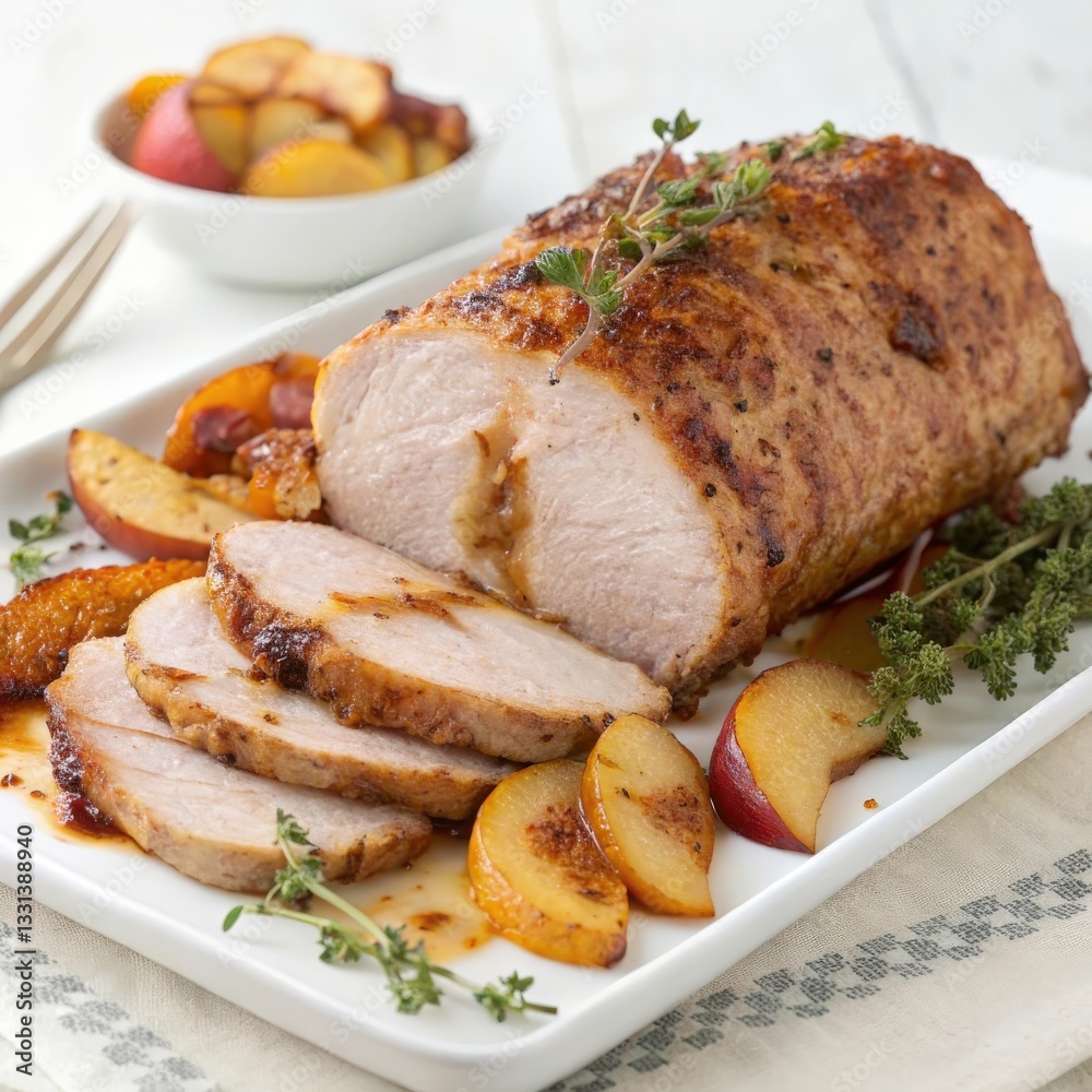 Roasted Pork Loin with Apple Slices A succulent roasted pork loin, with ...