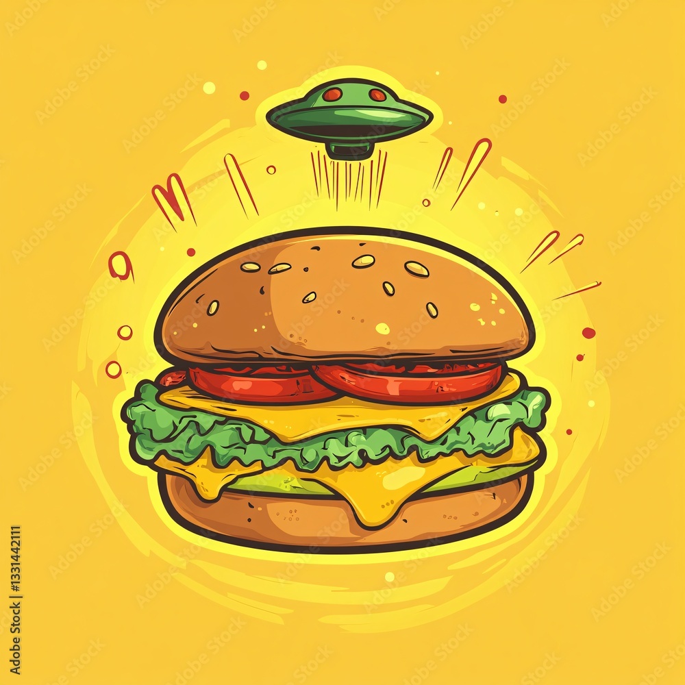 A cartoon sticker logo of a tiny UFO abducting a cheeseburger Stock ...