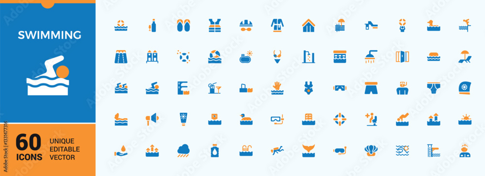 Swimming colorful icon collection. Included swimwear, shower, swimming ...