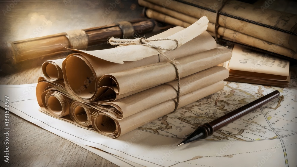 Aged parchment scrolls with ink quill and ancient map, glowing ambient ...