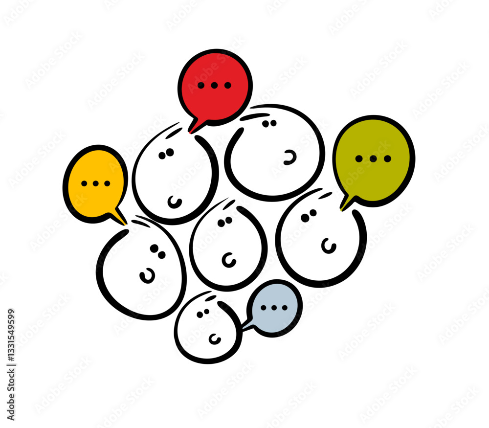Lots of heads and text bubbles. Vector illustration of people in a ...