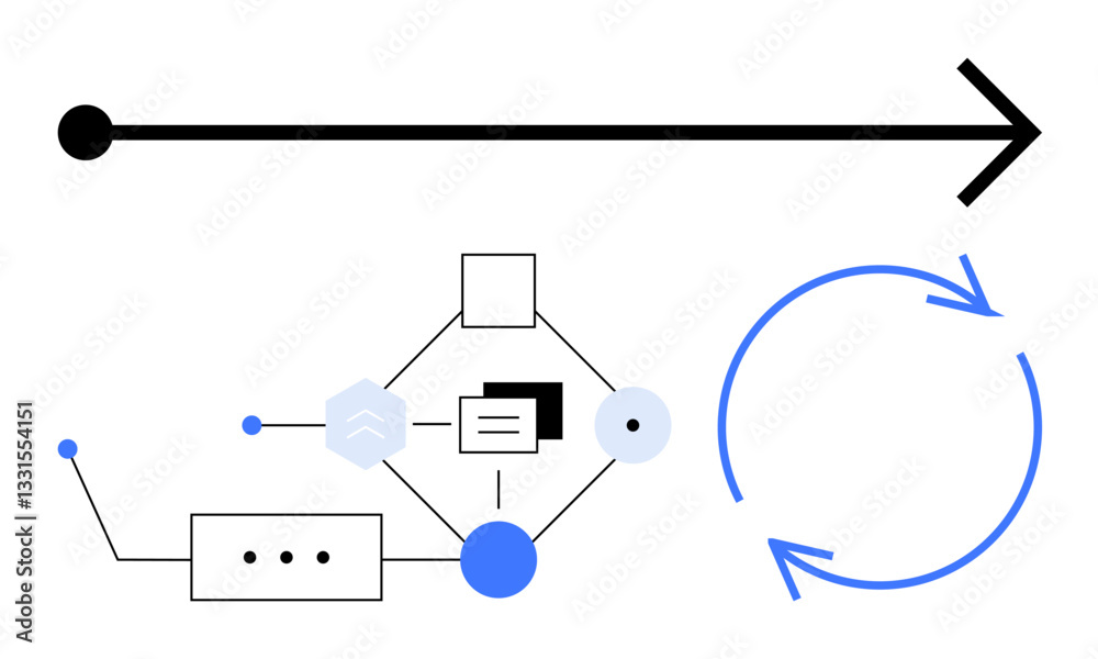 Black arrow representing direction, flowchart symbols showing process ...