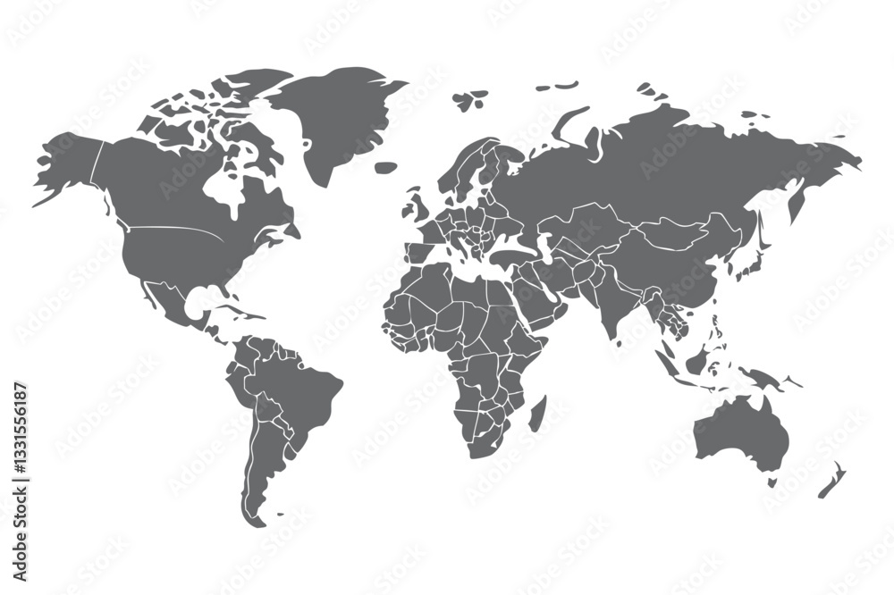 World Map Illustration of Continents in Gray, Detailed Geographical Map ...