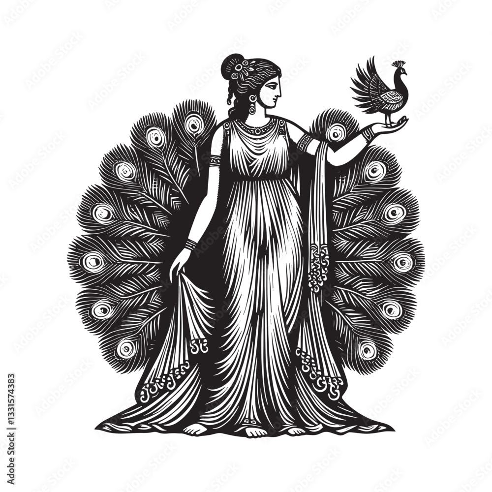 Hera Greek goddess of marriage, known for her regal appearance and peacock symbols, in ...