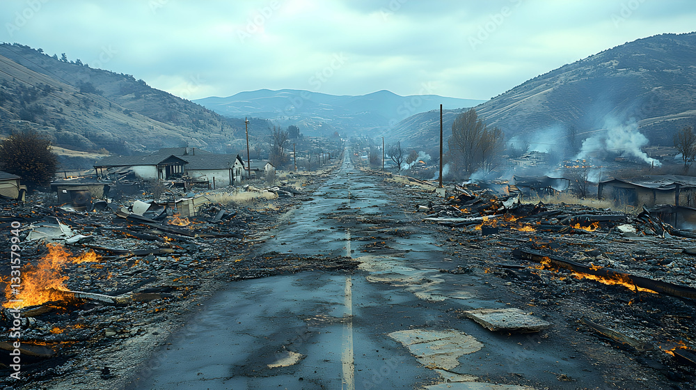 Destroyed town road, aftermath of fire Stock Illustration | Adobe Stock