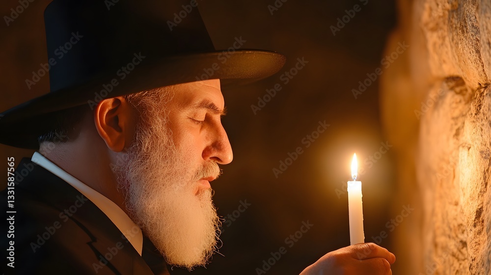 An Orthodox Jewish rabbi praying at the Western Wall, his face ...