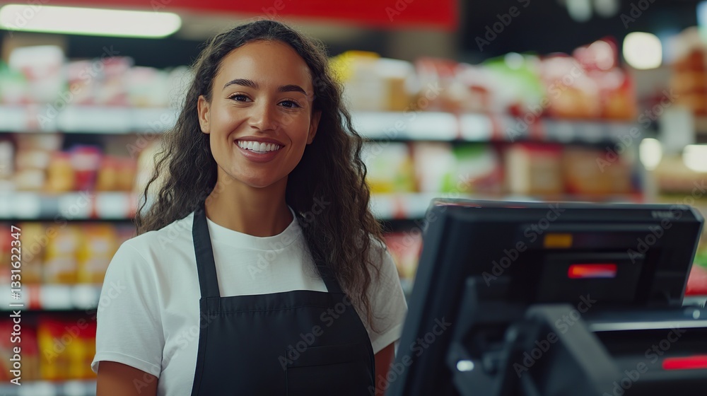 Smiling female cashier at supermarket register, LED display screen and ...