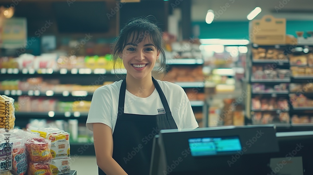 Smiling female cashier at supermarket register, LED display screen and ...