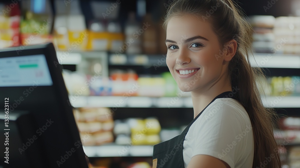 Smiling female cashier at supermarket register, LED display screen and ...