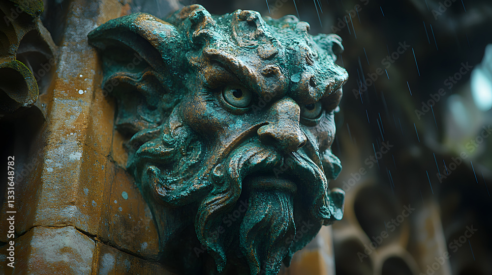 A close-up photography of an intricately carved Gothic gargoyle perched ...
