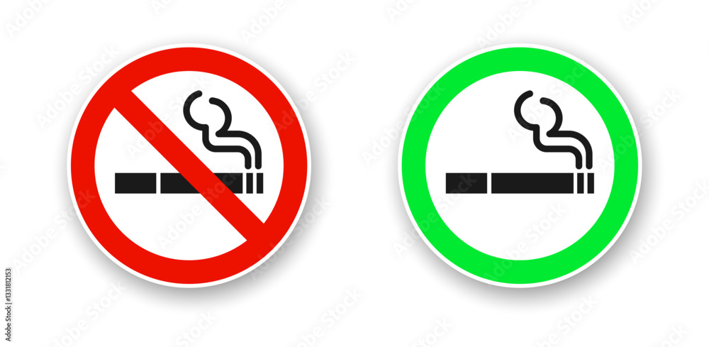 No smoking and smoking area signs. Round icons with cigarette symbol ...