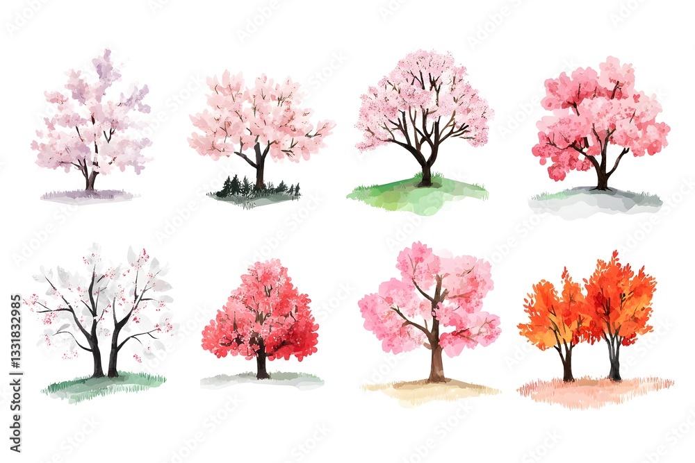 Vertor set of spring blossom tree,blooming plants side view for ...