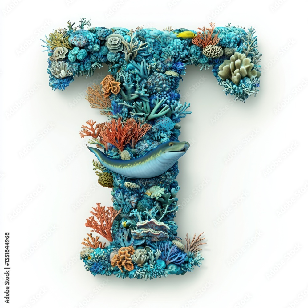Coral reef letter T design. Coral, fish, and other marine life form the ...