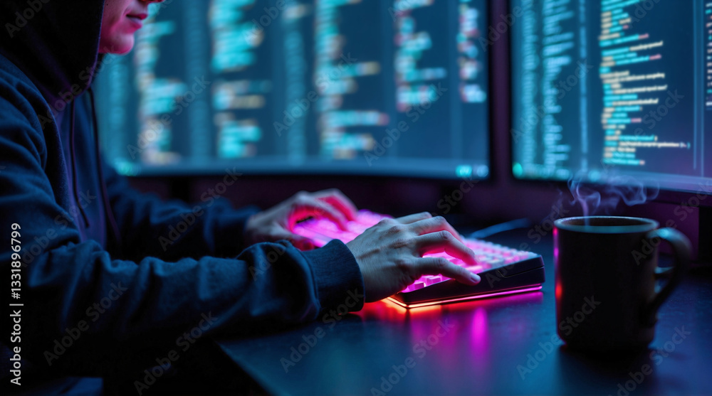 Programmer coding in a modern workspace with triple monitors, mechanical keyboard, and vibrant ...