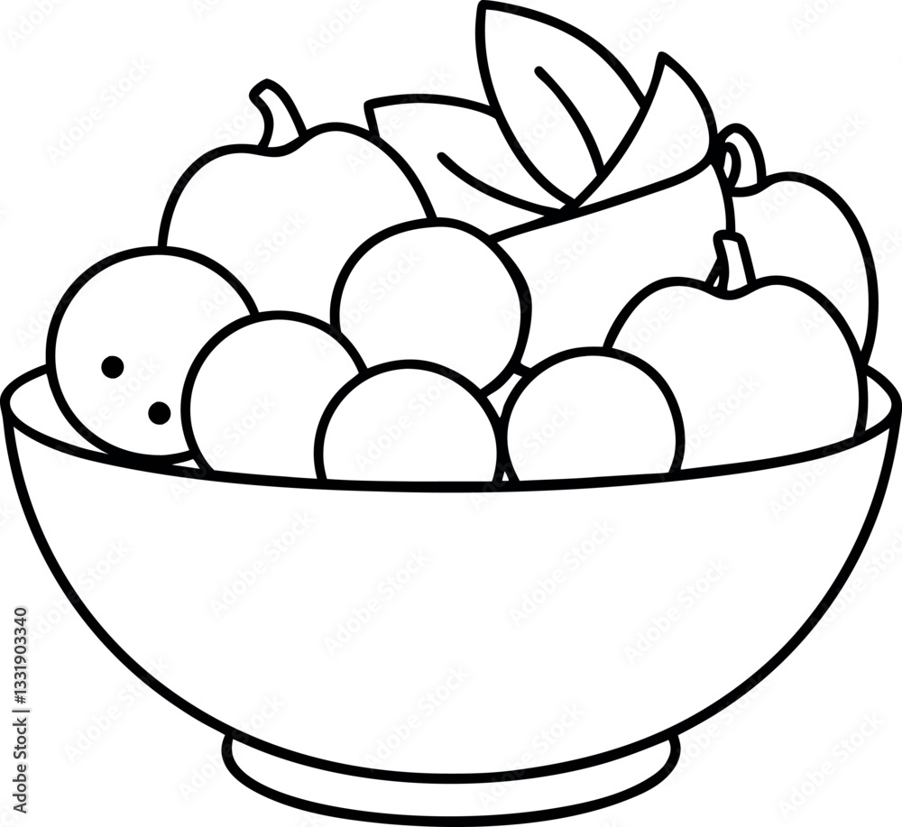 Simple outline illustration of a fruit bowl filled with various fruits ...