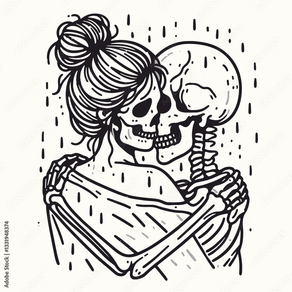 Female Skeleton messy bun holding each other in the rain; a minimalist ...
