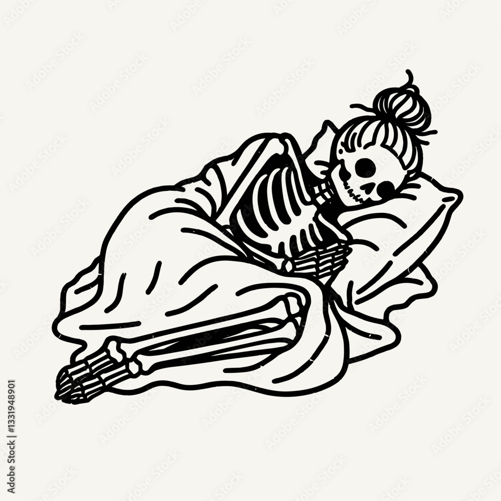 Female Skeleton messy bun cuddling under a blanket a minimalist vector ...